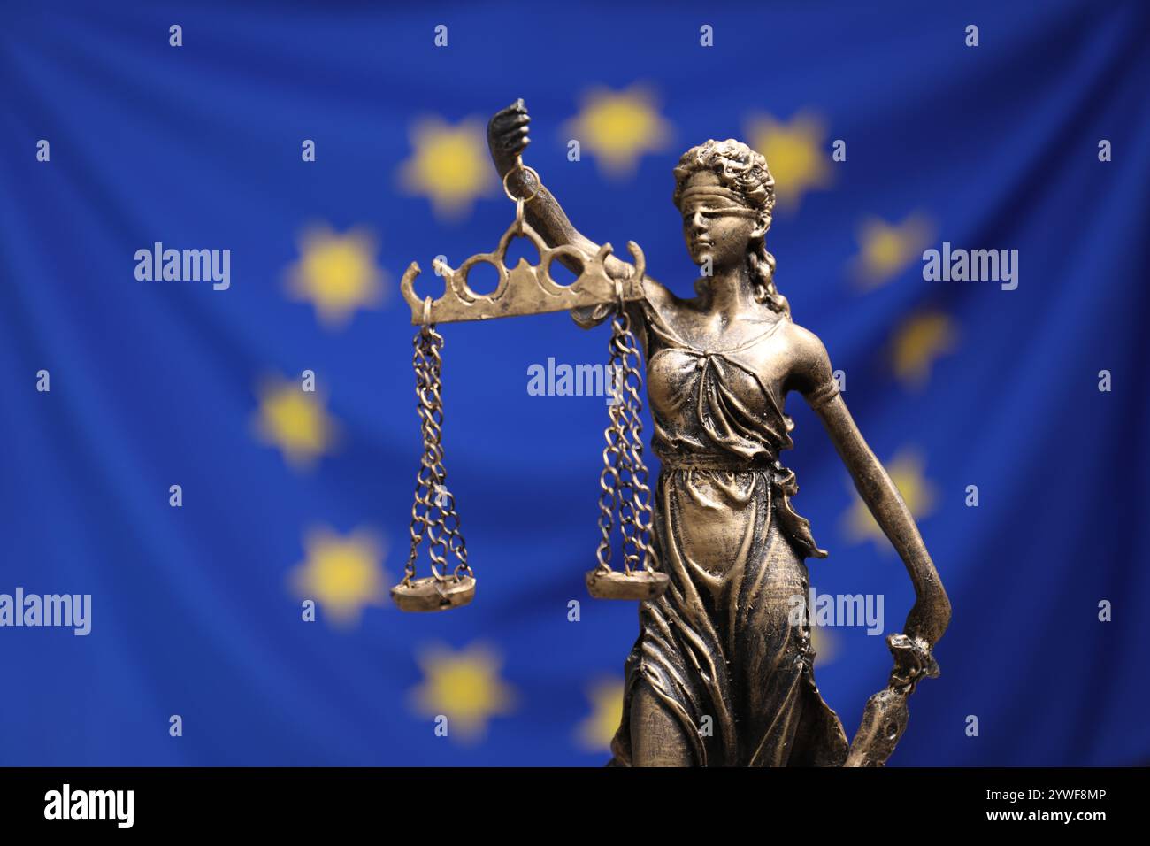 Figure of Lady Justice against European Union flag, closeup Stock Photo ...