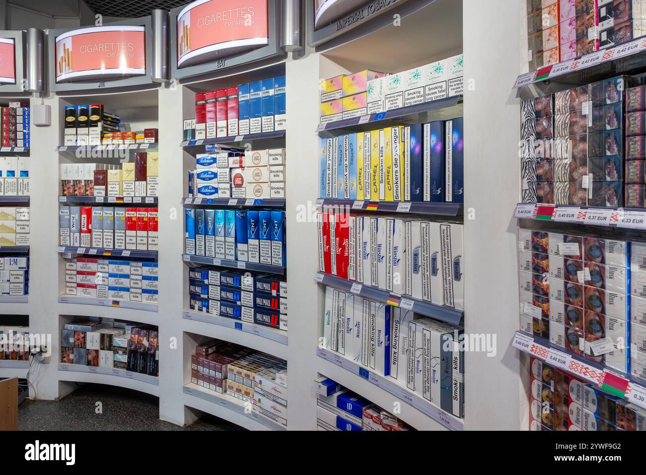 Bruzgi, Belarus - August 11, 2019: Showcase with cigarettes in Bela ...