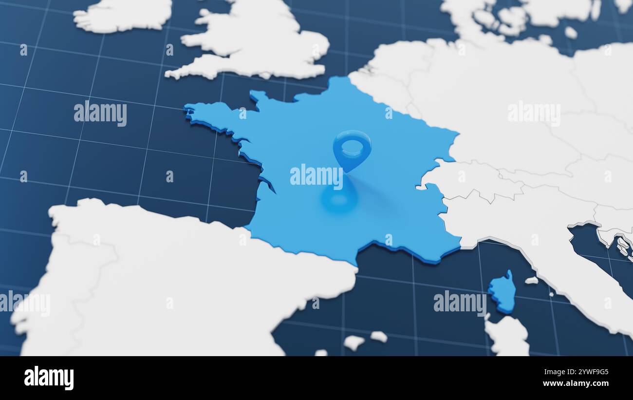Blue France 3d map with pointer pin surrounded with other countries in ...