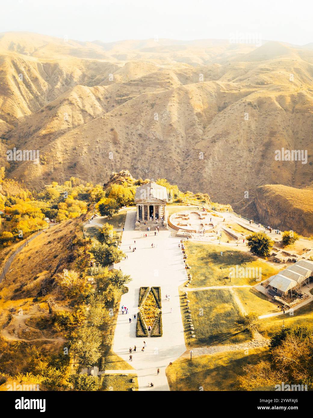 Aerial top view The Temple of Garni and autumn. It is a pagan temple in ...