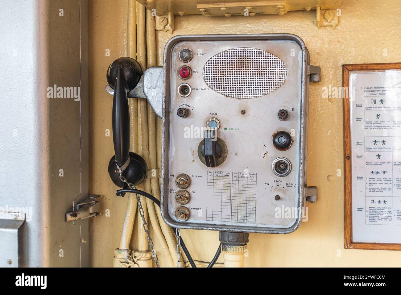 Vintage ship communication panel with a black rotary phone, speaker ...