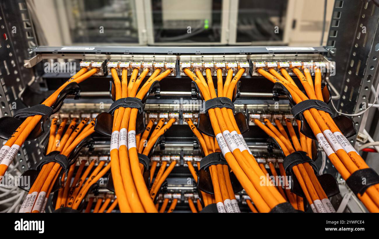 Network cables arranged neatly in a server rack in a modern data center ...
