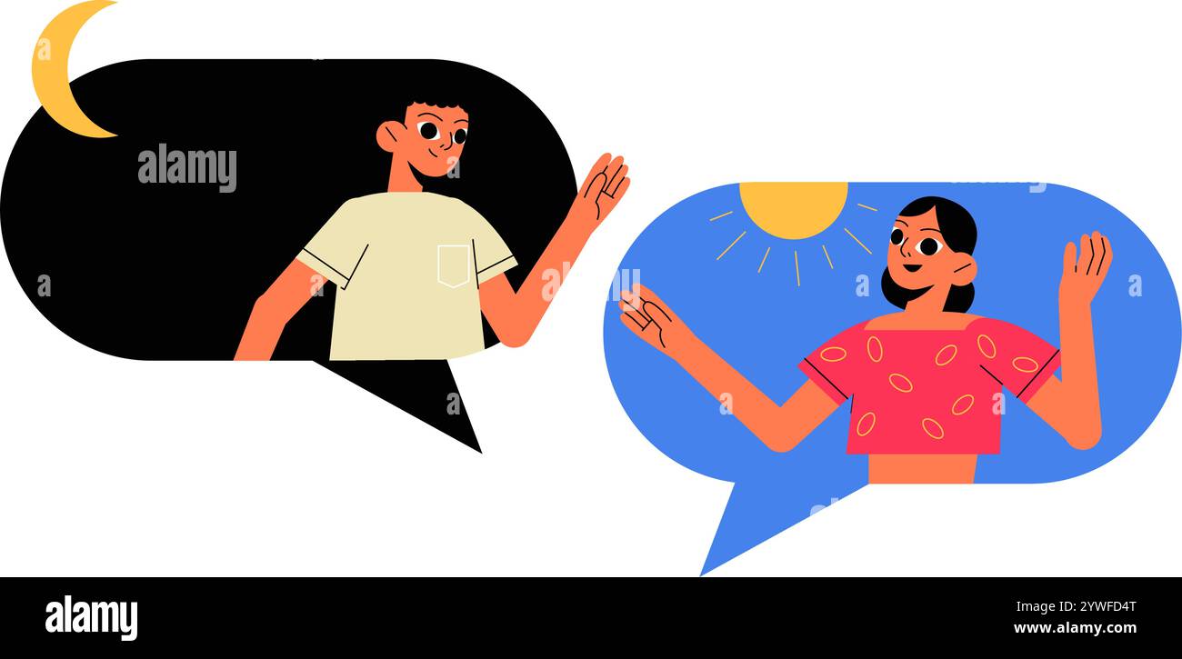 Male And Female Characters Chatting Across Time Zones Using Speech ...