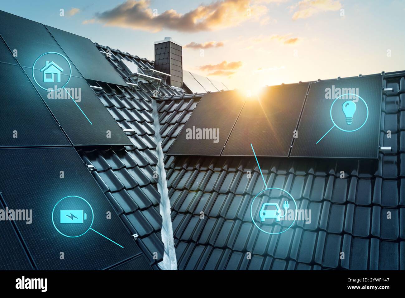 Modern smart home roof with solar panels and technology icons Stock ...