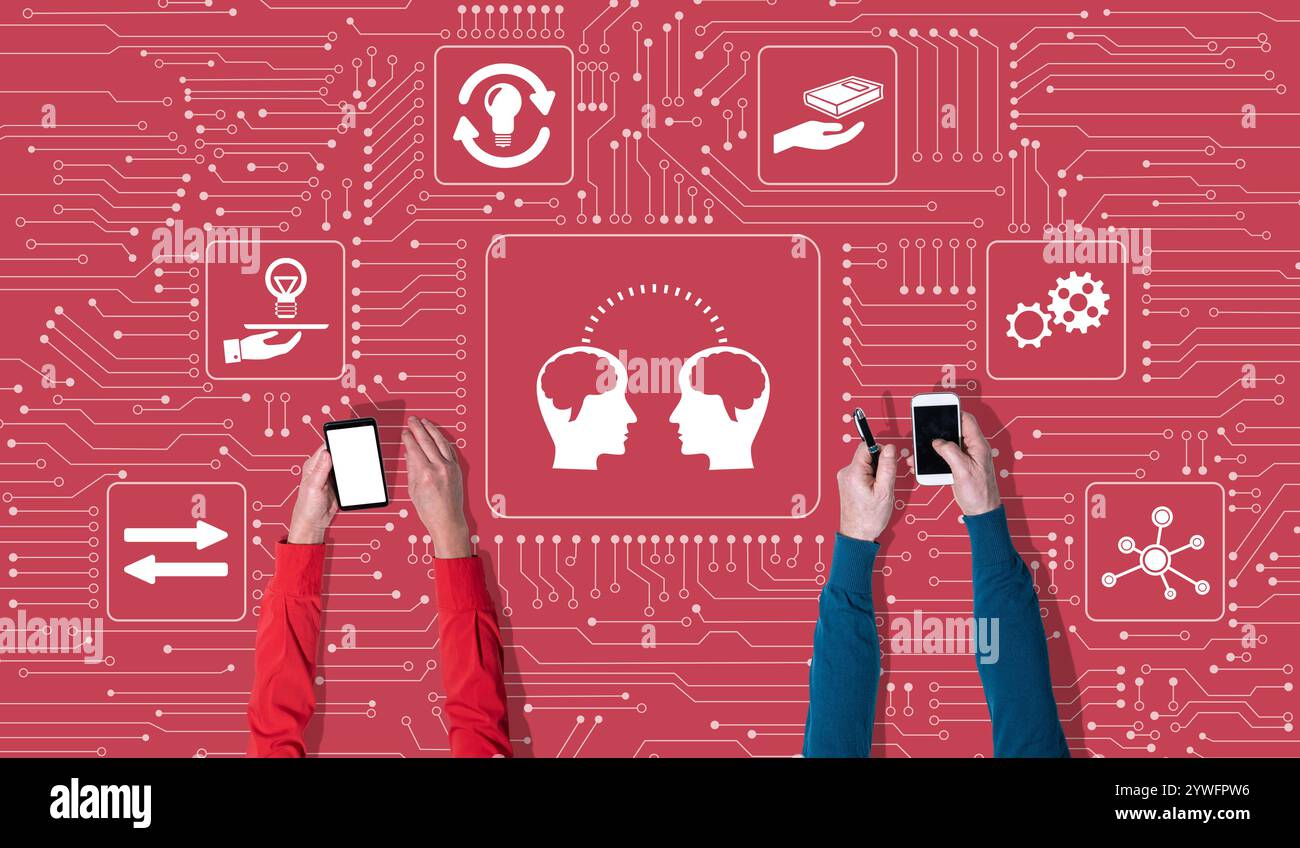 Top view of hands using mobile phone with symbol of knowledge sharing ...