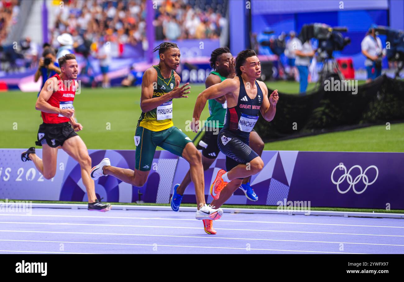 Louie Hinchliffe participating in the 100 metres at the Paris 2024 ...