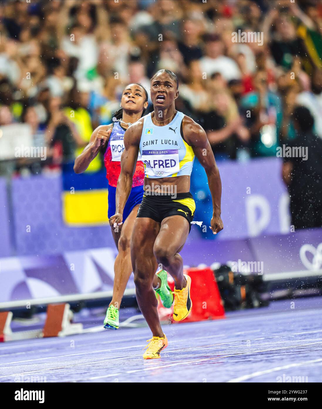 Julien Alfred winning in the 100 meters at the Paris 2024 Olympic Games ...
