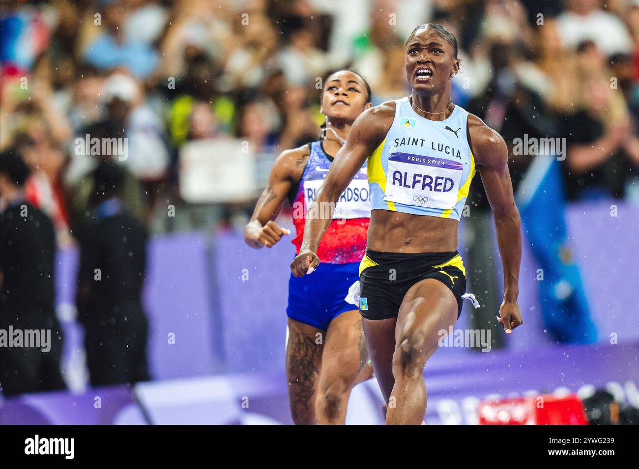 Julien Alfred winning in the 100 meters at the Paris 2024 Olympic Games ...
