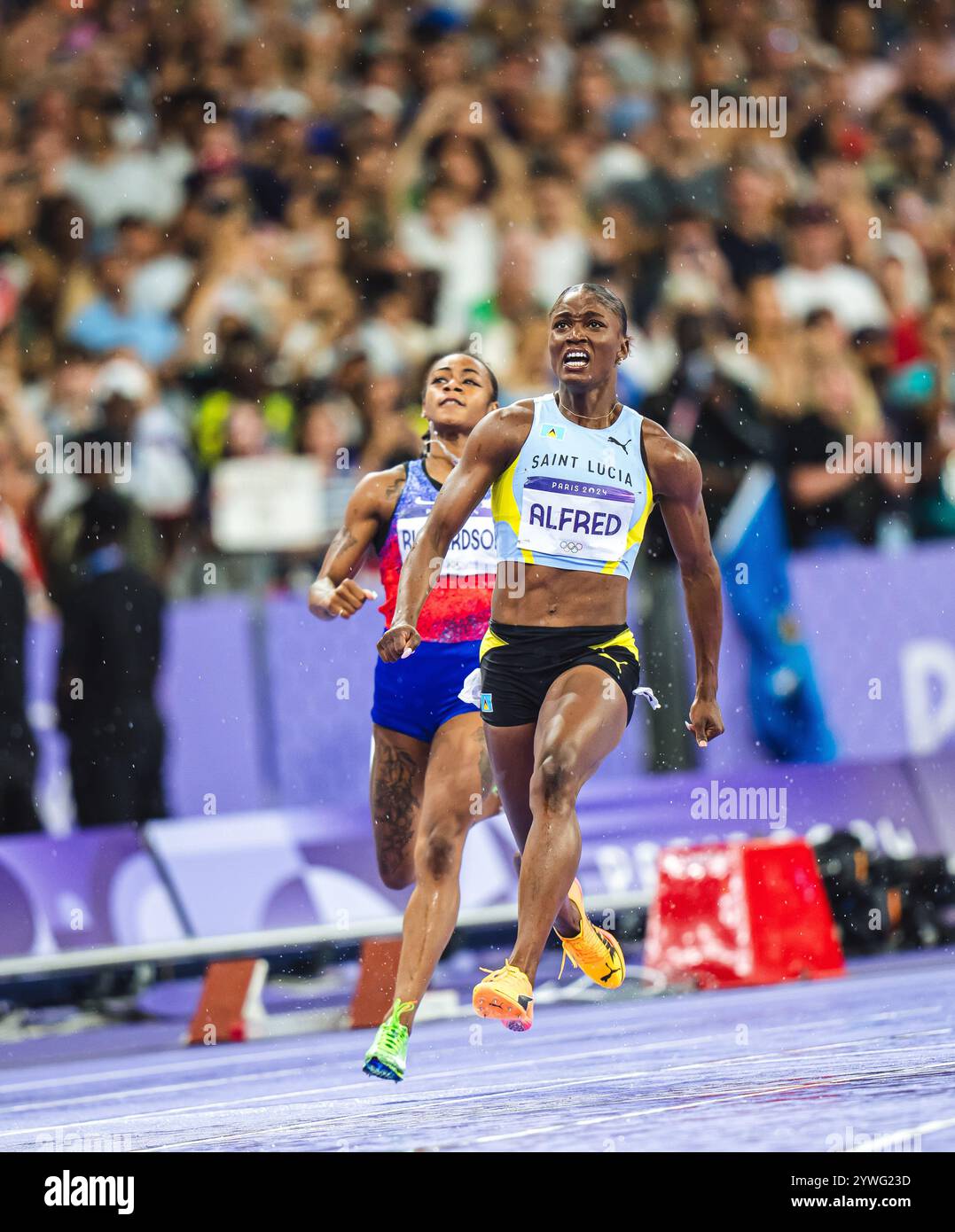 Julien Alfred winning in the 100 meters at the Paris 2024 Olympic Games ...