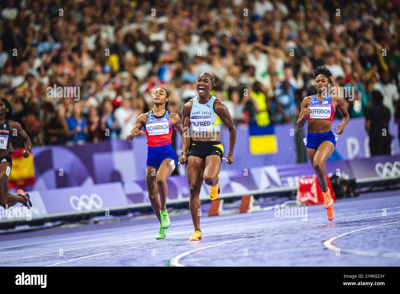 Julien Alfred winning in the 100 meters at the Paris 2024 Olympic Games ...