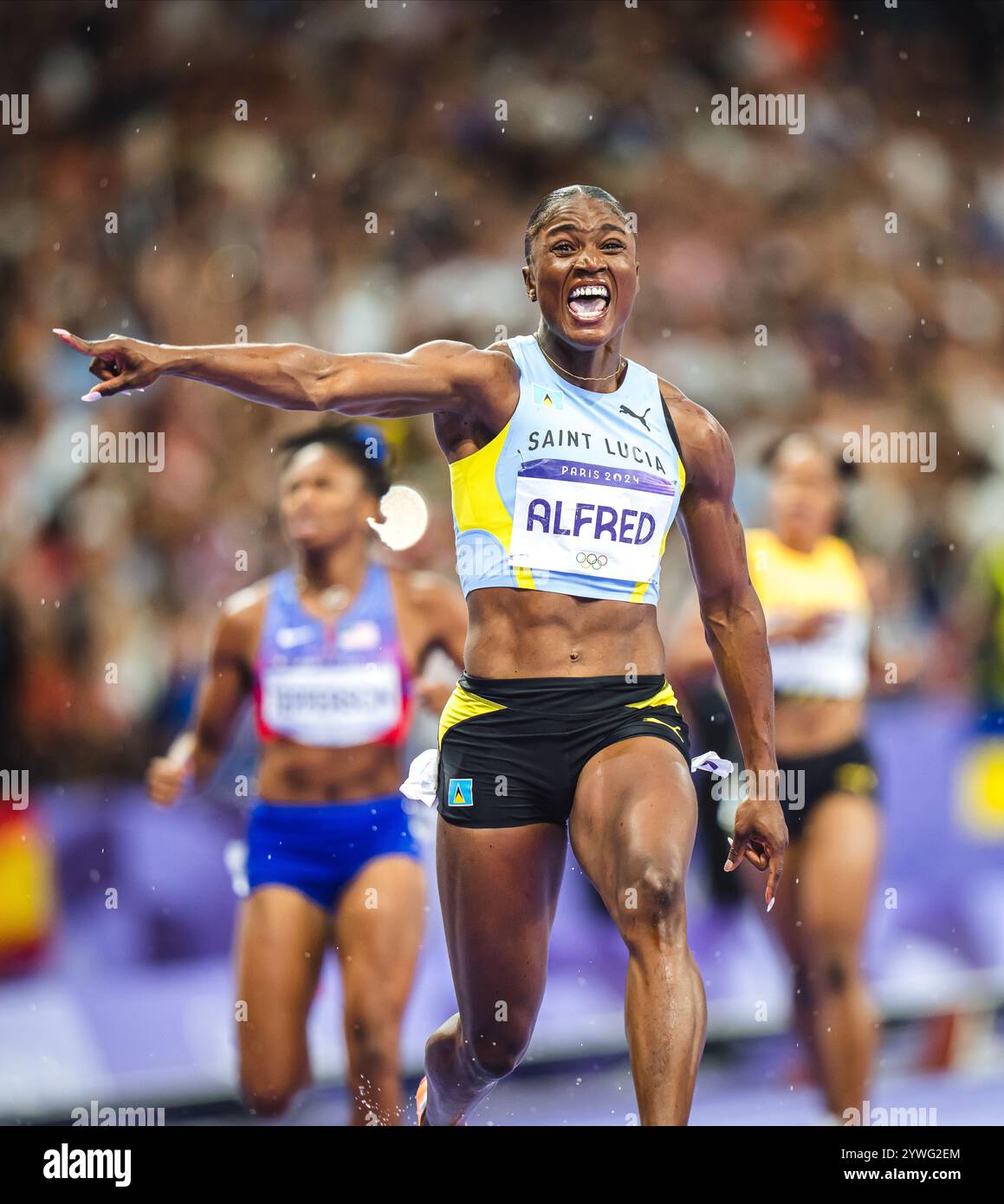 Julien Alfred winning in the 100 meters at the Paris 2024 Olympic Games ...