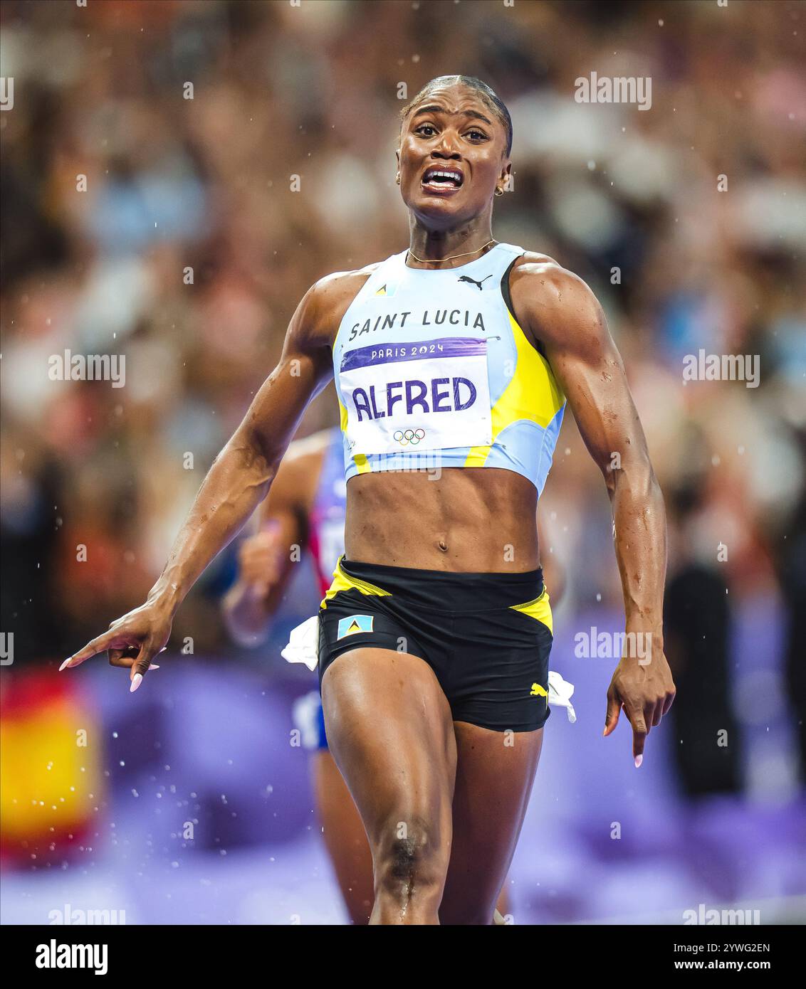 Julien Alfred winning in the 100 meters at the Paris 2024 Olympic Games ...