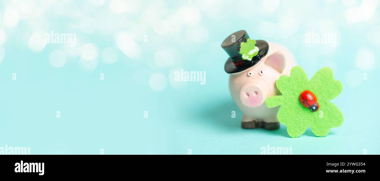 Lucky pig with shamrock, celebrate happy new year, bokeh lights, good ...