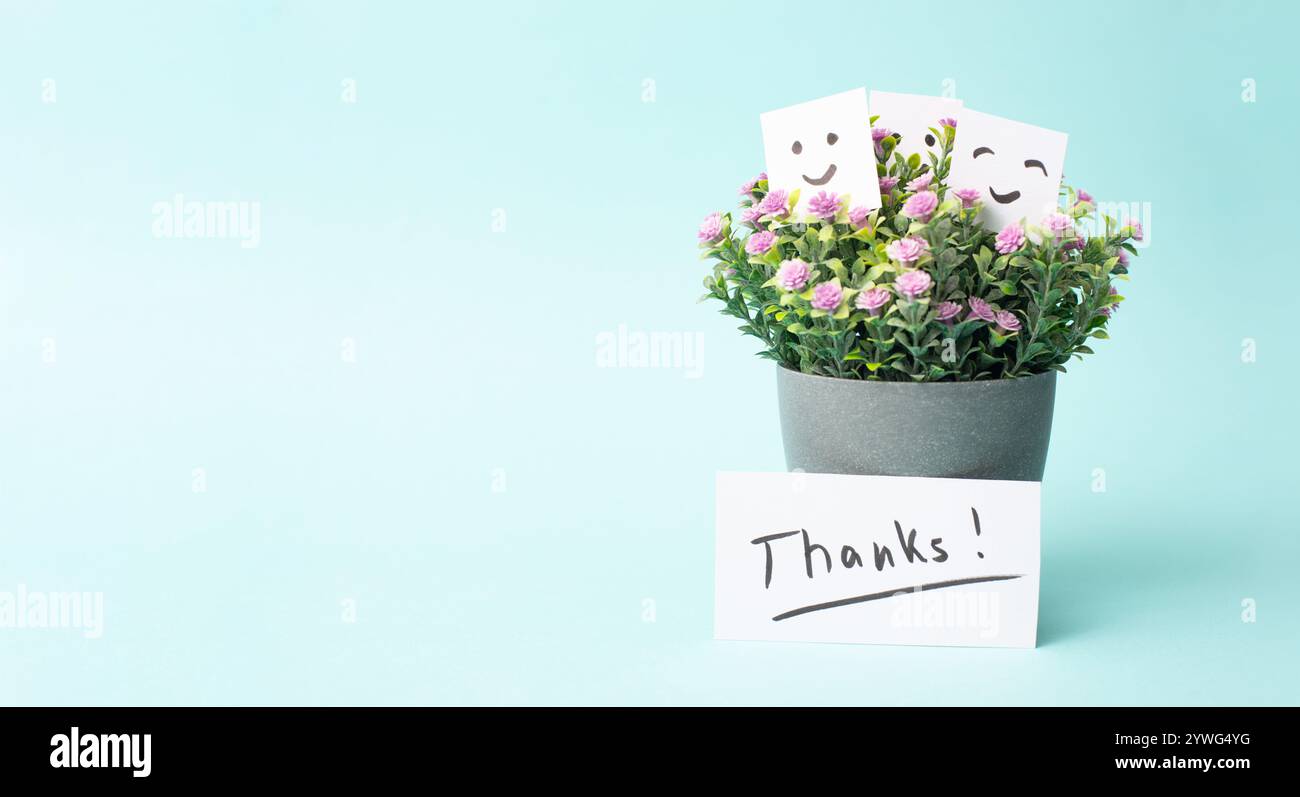 Thank you card with flowers and a happy smiling face, being thankful ...