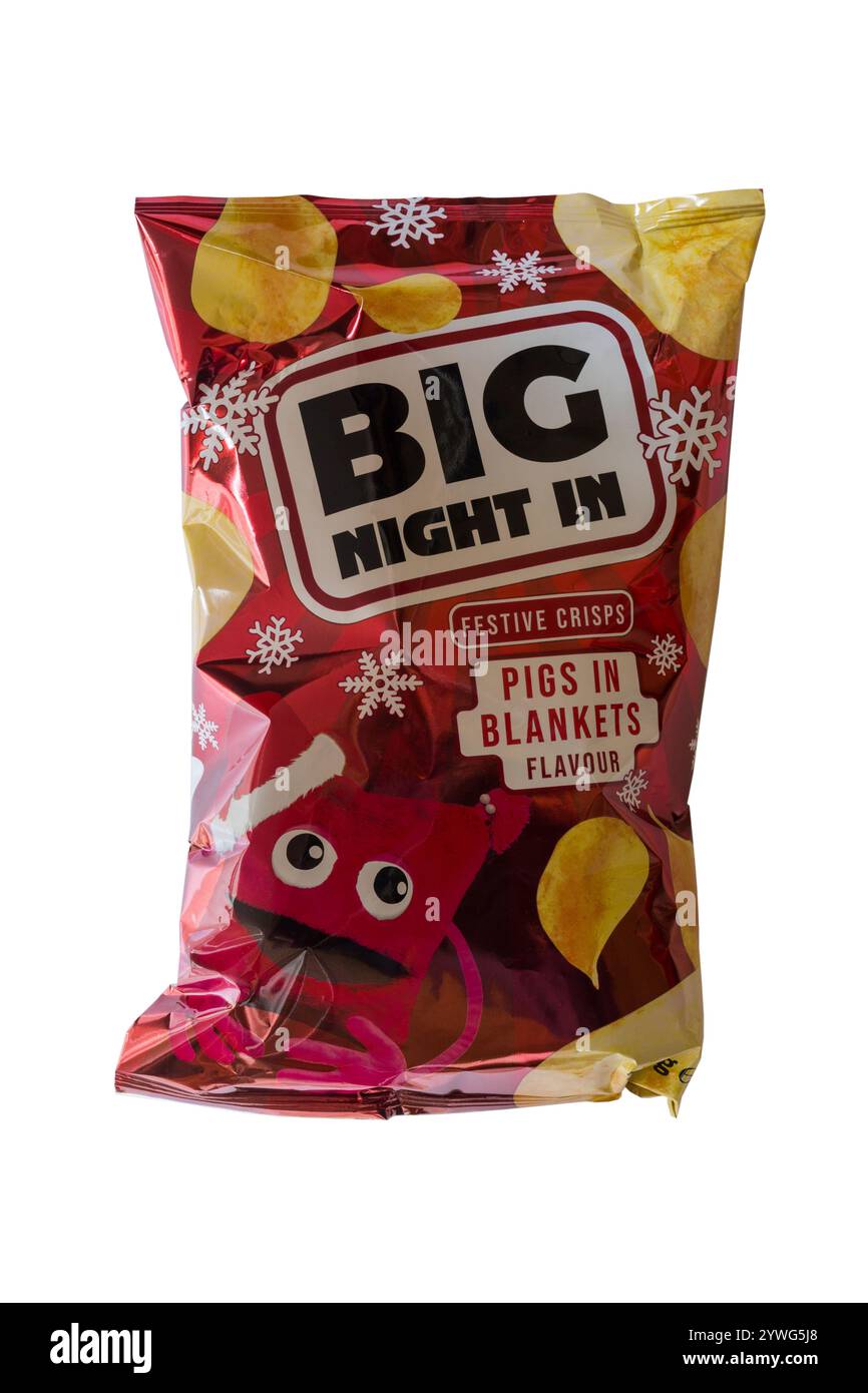 packet of Big Night In festive crisps Pigs in Blankets flavour crisps ...
