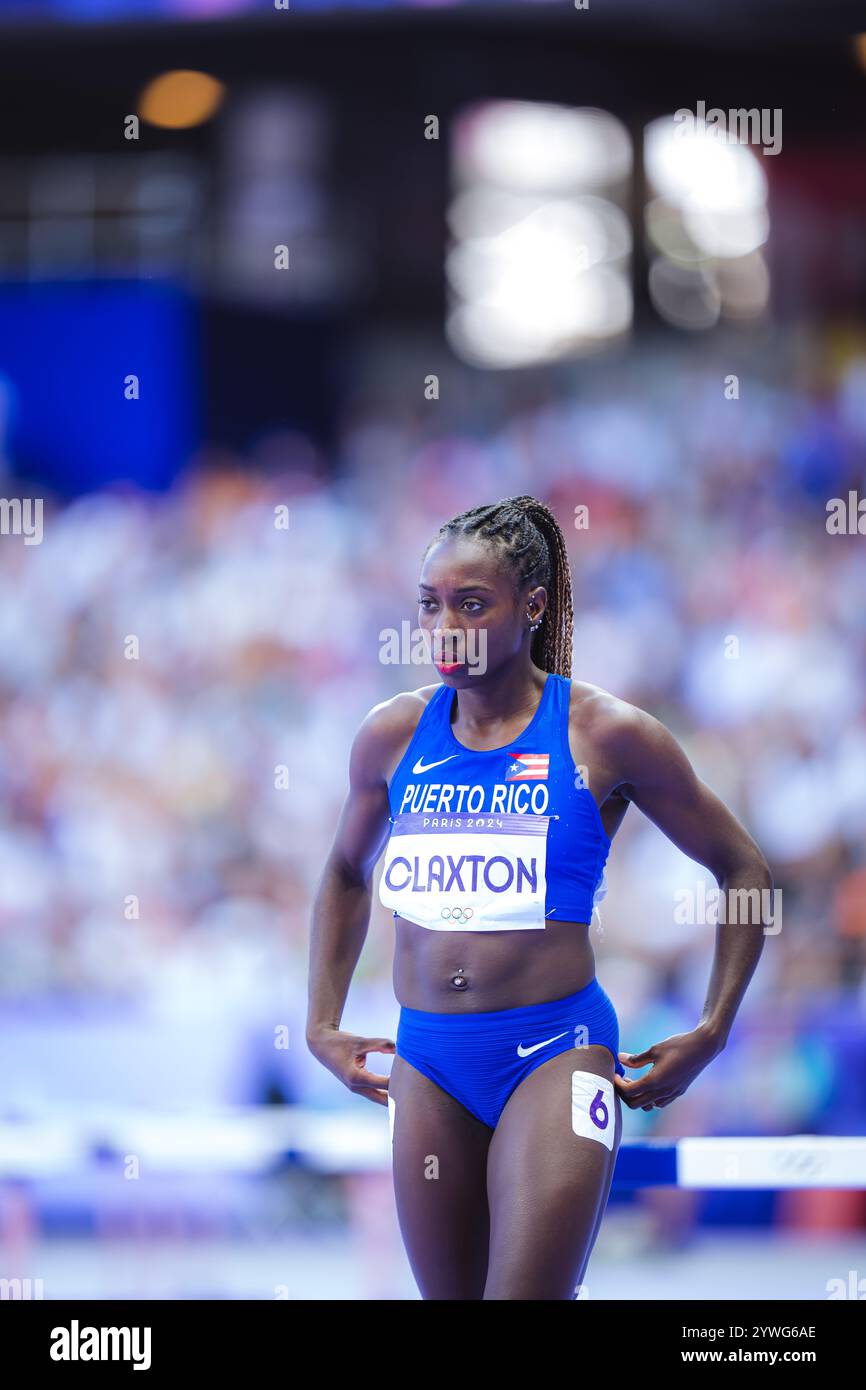Grace Claxton participating in the 400 meters hurdles at the Paris 2024 ...