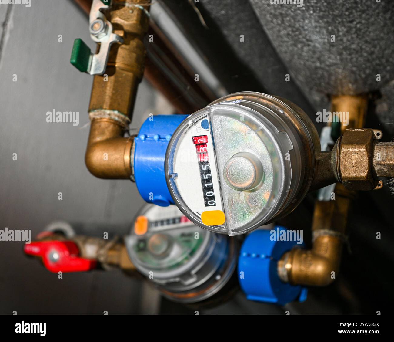 Close-up of water meter measuring water consumption, indicating ...