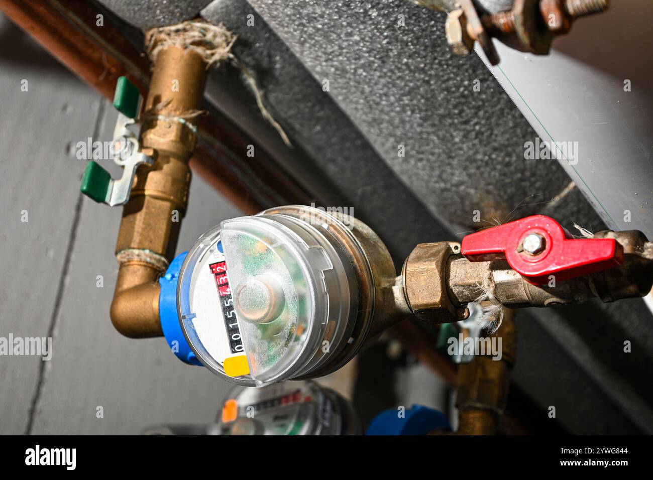 Close-up of water meter measuring water consumption, indicating ...