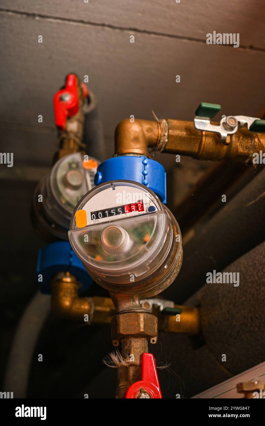 Close-up of water meter measuring water consumption, indicating ...