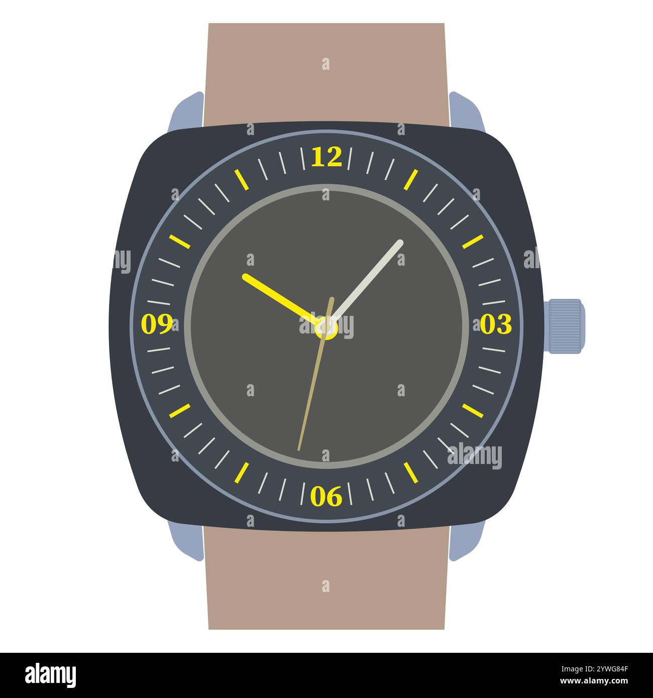 Classic design mechanical wristwatch isolated on white background. Clock face with hour, minute ...