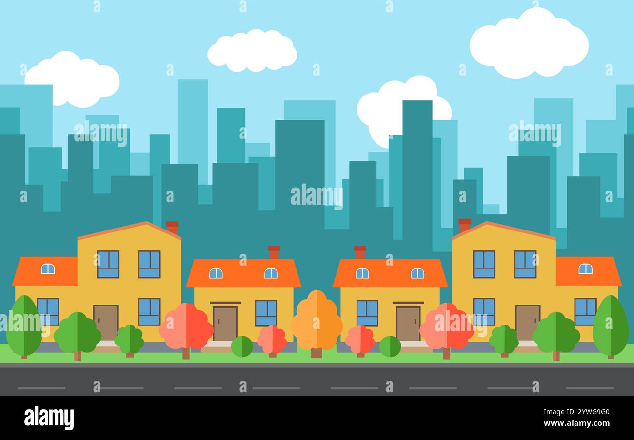 Vector city with four cartoon houses and buildings. City space with ...