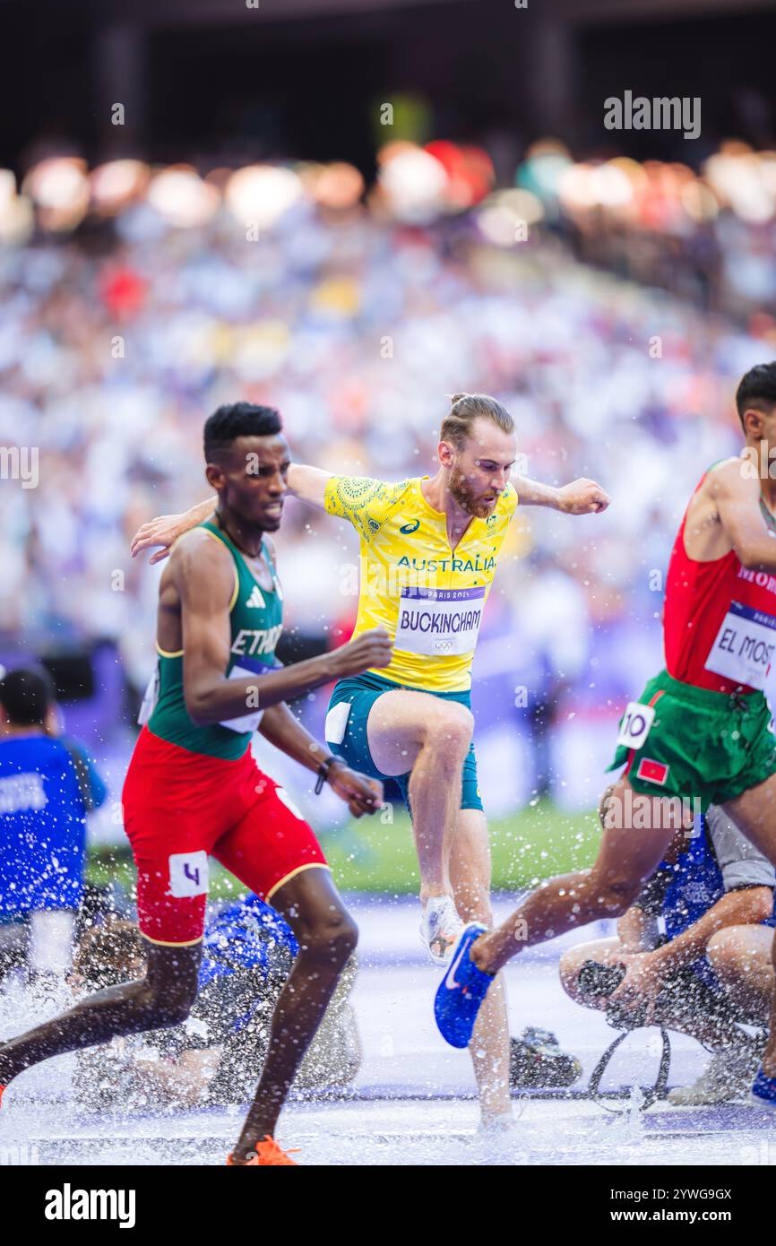 Ben Buckingham participating in the 3000 metres steeplechase at the Paris 2024 Olympic Games ...