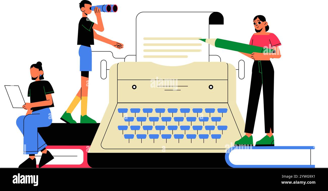 Group Writing Around Typewriter In Flat Vector Illustration Symbolizing ...