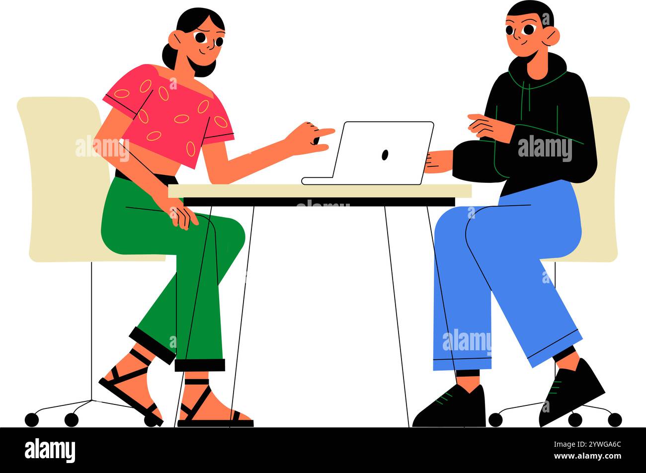 Two People Collaborating At A Desk With A Laptop In Flat Vector ...