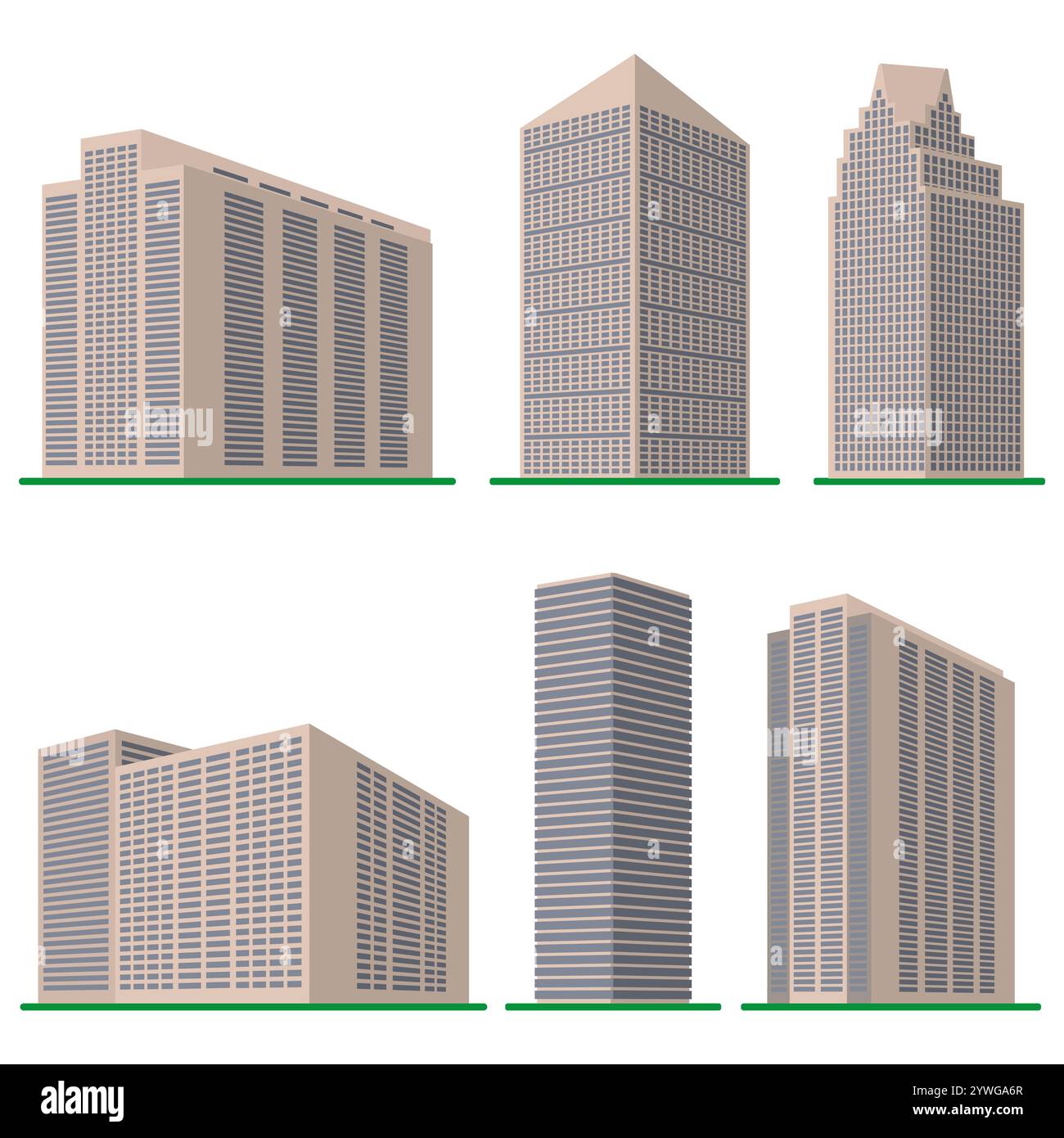 Set of six modern high-rise building on a white background. View of the ...