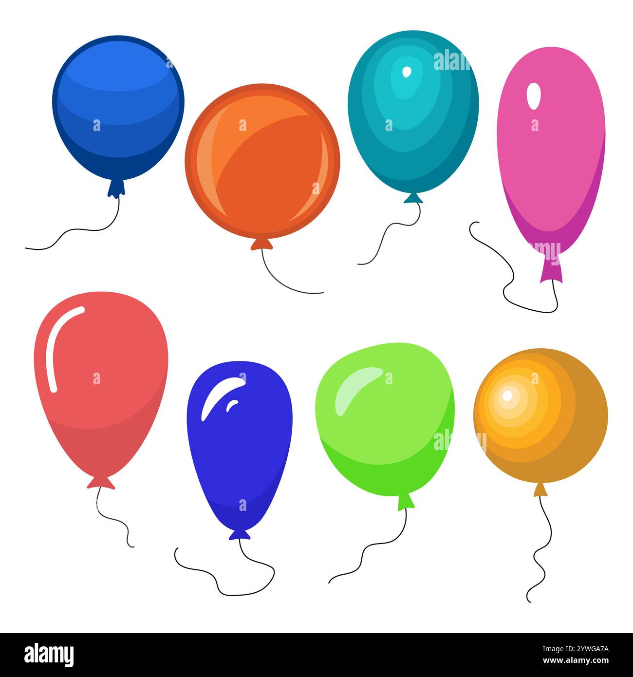 Set of eight colorful balloons with a string isolated on white ...