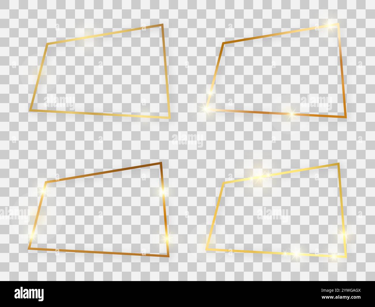 Set of four gold shiny rectangular frames with glowing effects and shadows on transparent ...