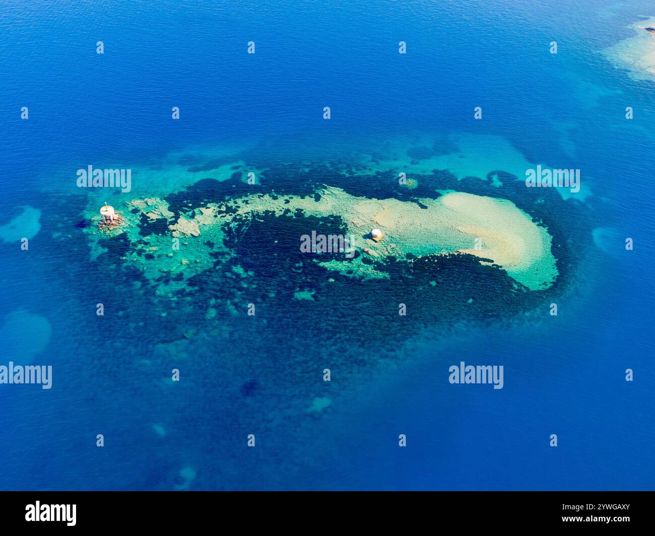Aerial view of a small, rocky island with a circular structure Stock ...