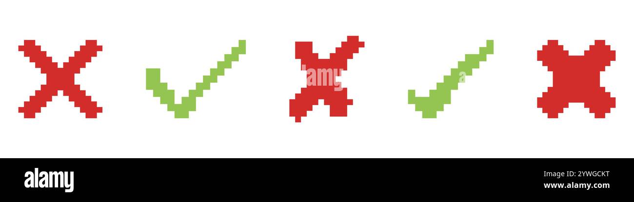 Green Checkmark and Red Cross Pixel Icon Set. Retro Style Check and ...