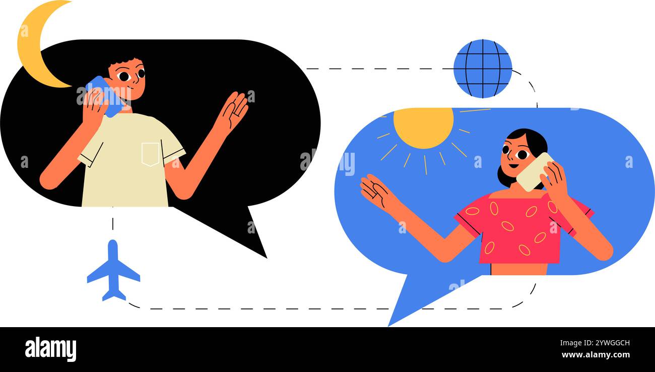 Man And Woman Communicating Across Time Zones In Flat Vector ...