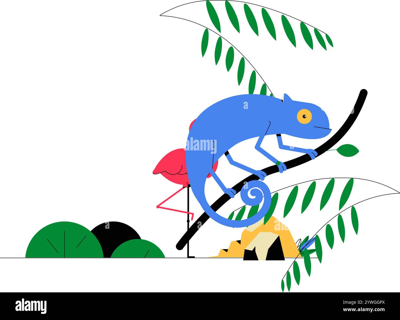 Blue Chameleon Perched On A Branch In Flat Vector Illustration ...
