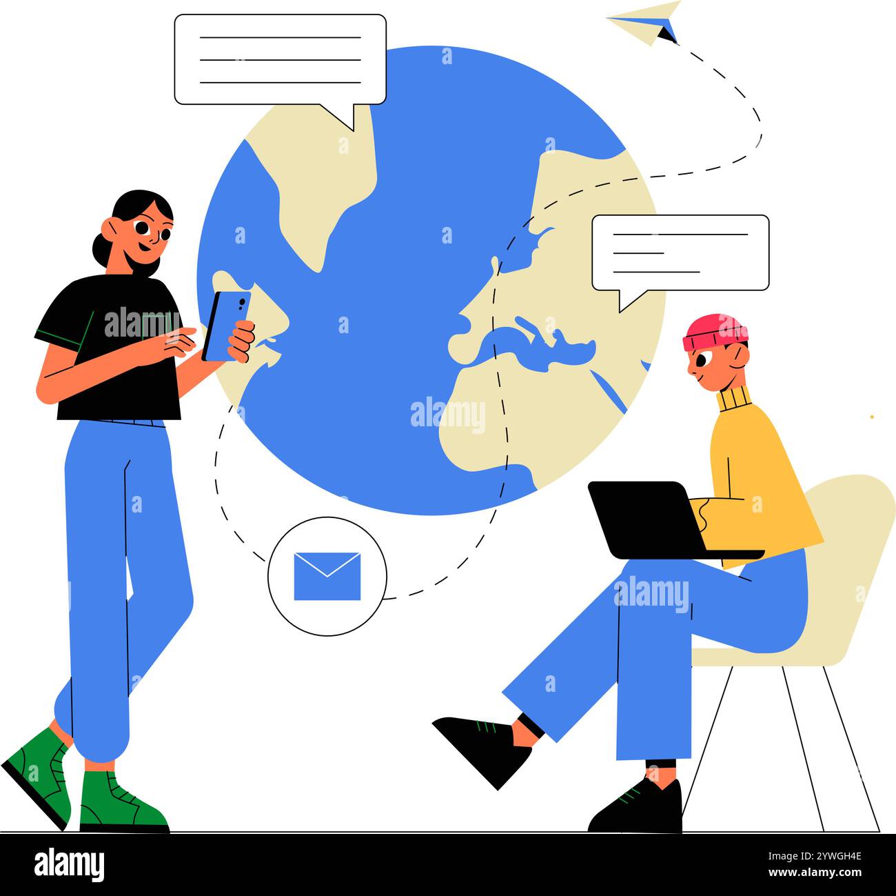 Two Characters Communicating Using Mobile Devices With Globe Background ...