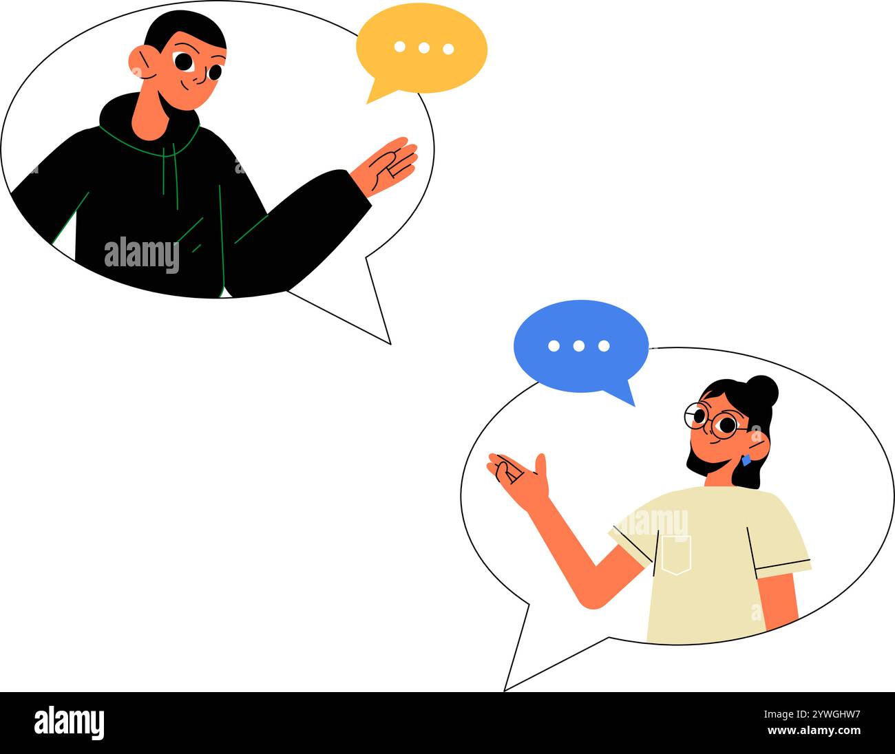 Two Characters Conversing With Speech Bubbles In Flat Vector ...