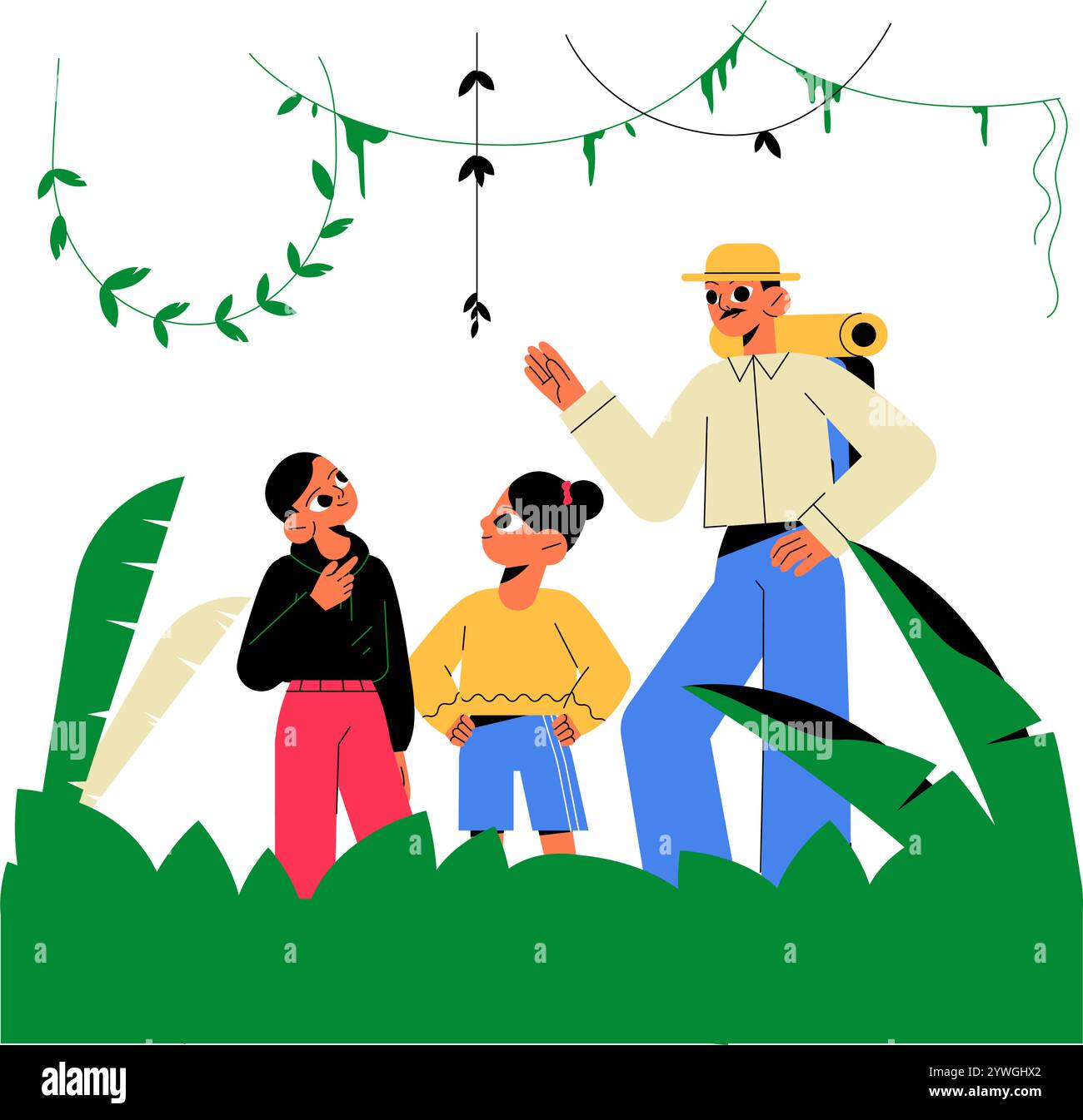 Explorer With Two Kids In Jungle In Flat Vector Illustration ...