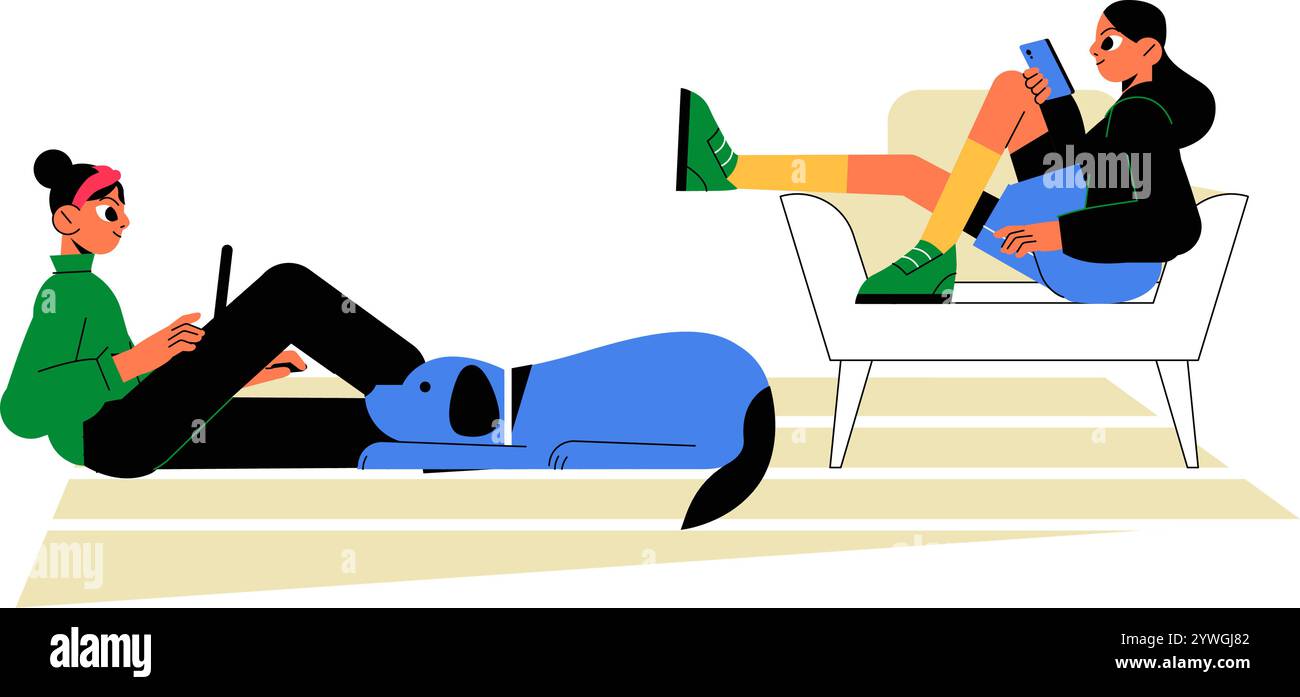 Two People Relaxing With Devices At Home In Flat Vector Illustration ...
