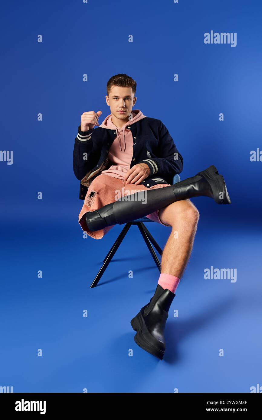 Young man proudly displays his stylish look with a prosthetic leg while ...