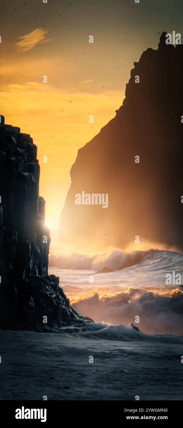 Reynisfjara Beach, with its black sand and towering basalt columns ...