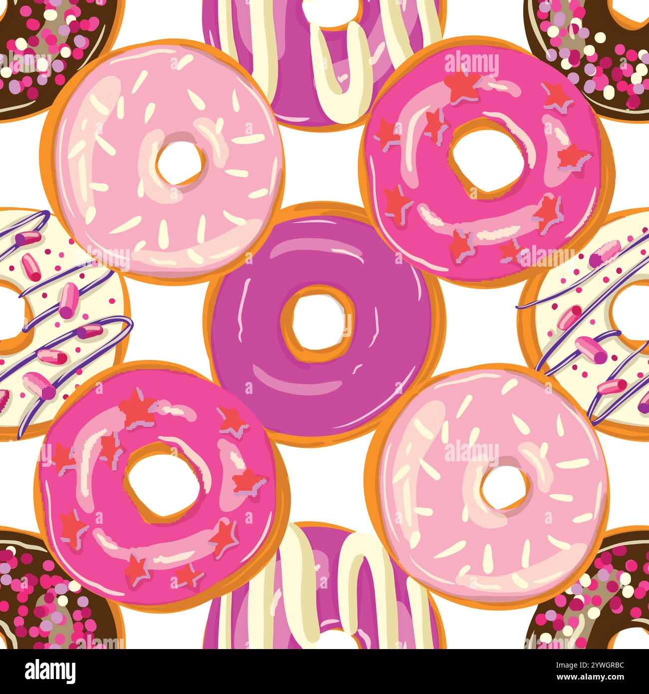 Seamless donut pattern on white background with various pink and ...