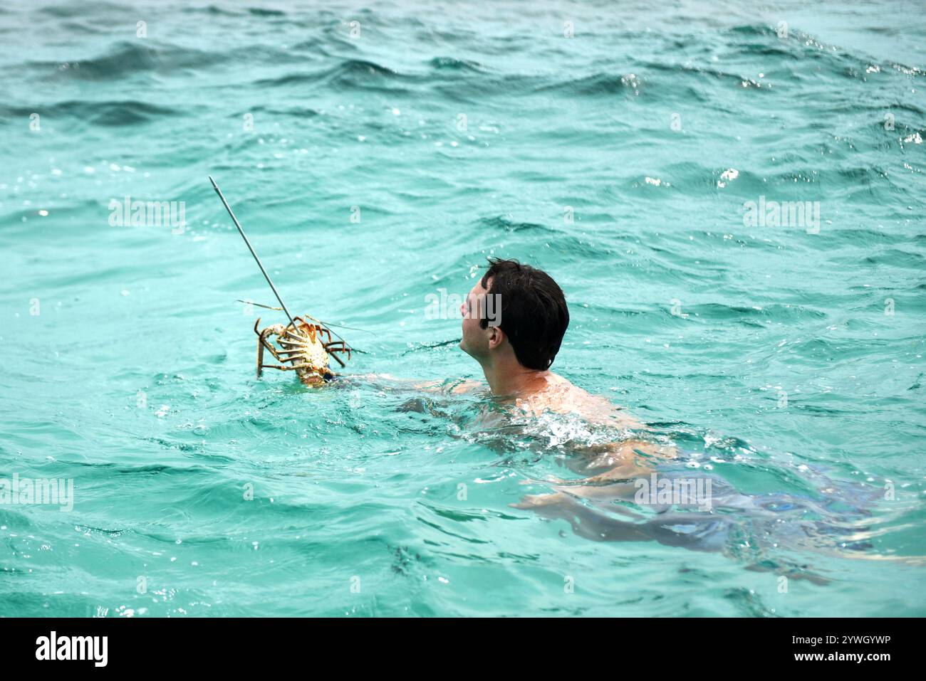 A man stands in the turquoise waters of Eleuthera, proudly holding a ...