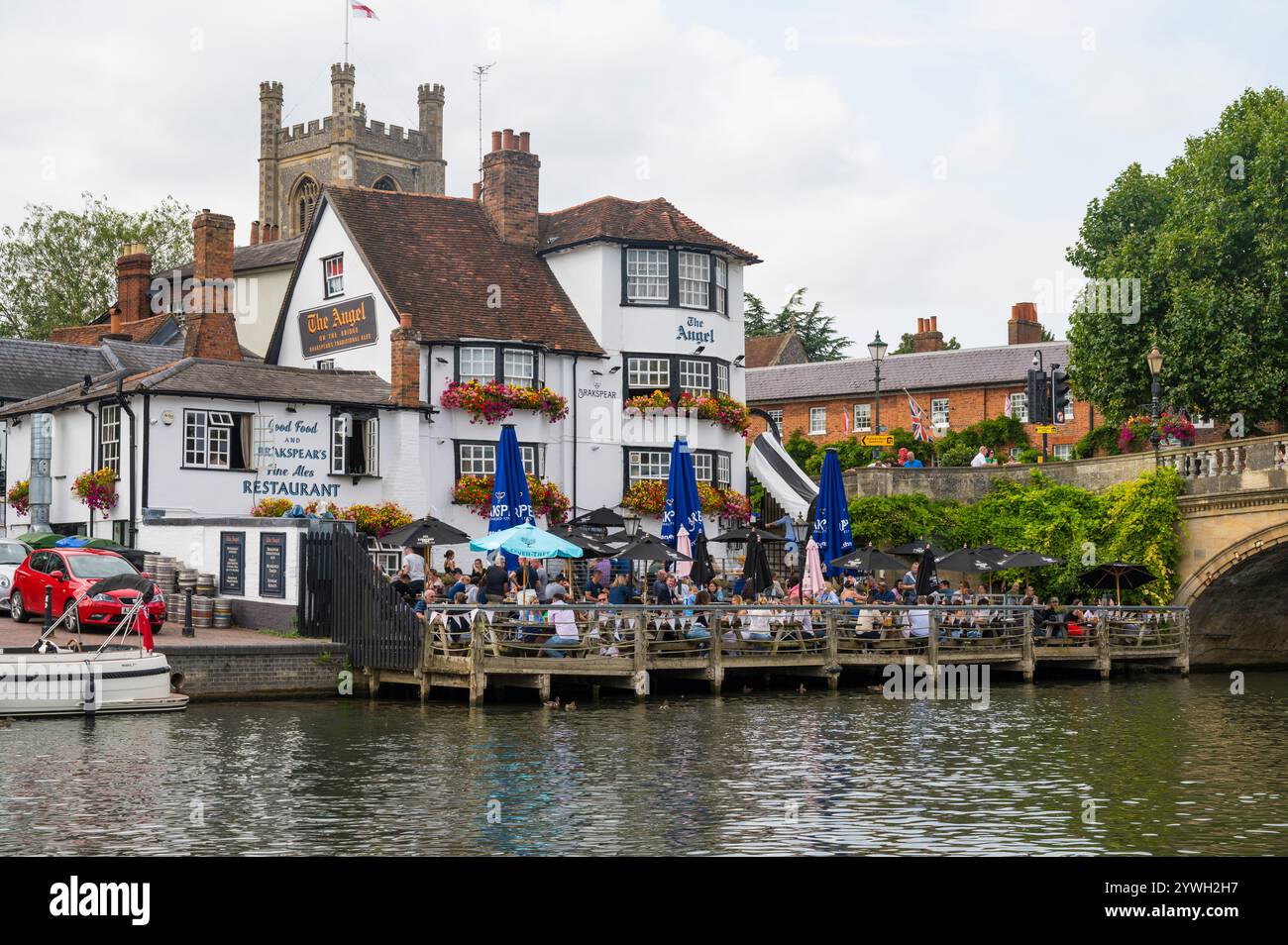 Riverside terrace of The Angel on the Bridge pub viewed from the River ...