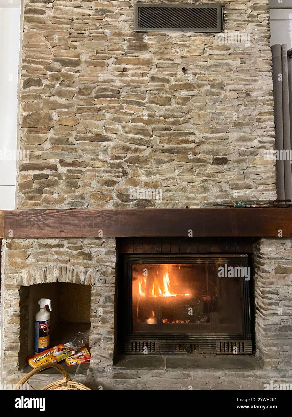 Cozy Stone Fireplace with Burning Firewood in Rustic Living Room ...