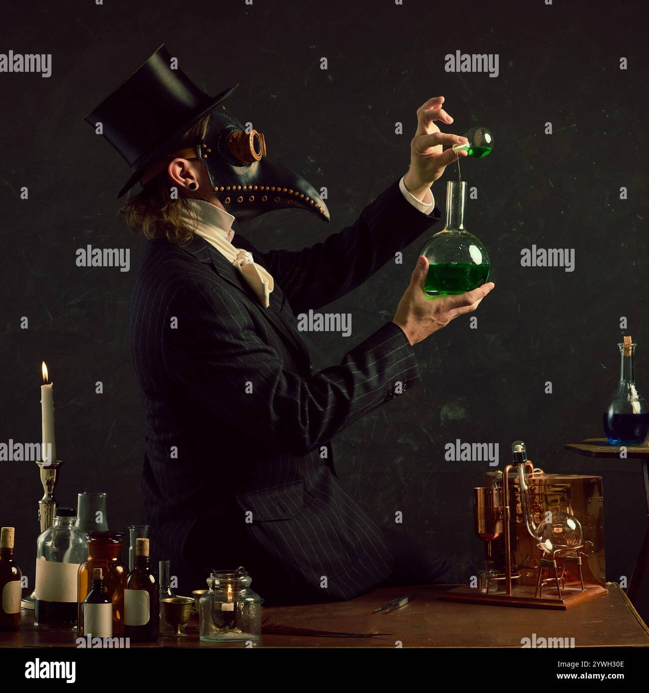 Plague doctor pouring glowing liquid into flask, blending science ...