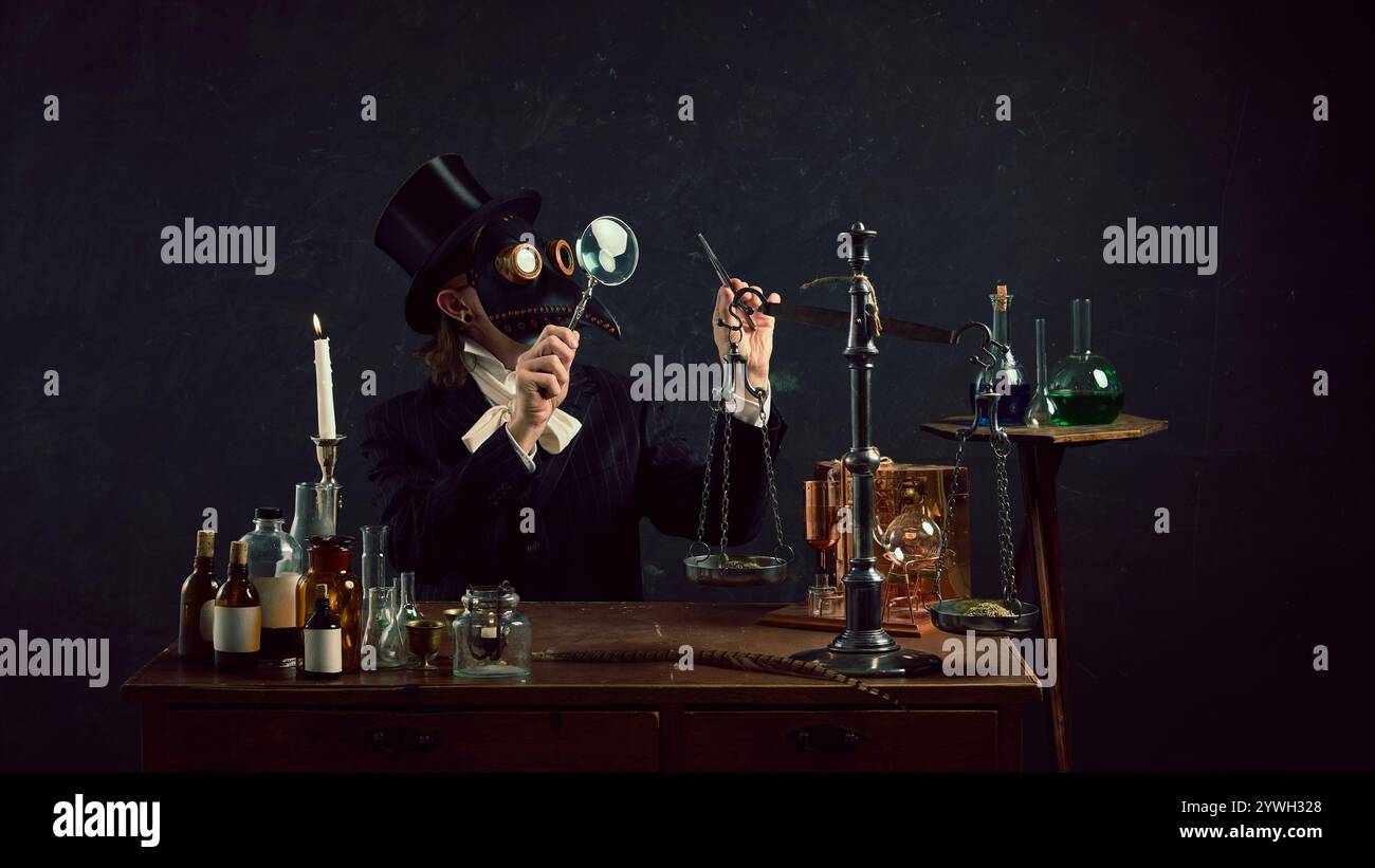Alchemist-inspired plague doctor immersed in work, balancing old ...