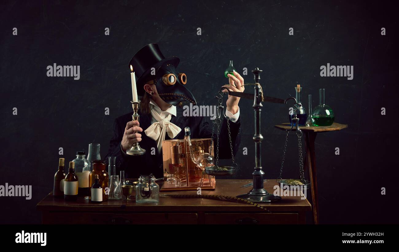 Thoughtful plague doctor in vintage laboratory surrounded by old ...