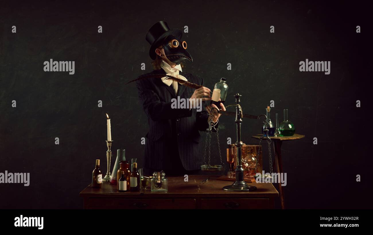 Plague doctor holding large bottle, surrounded by alchemical equipment ...