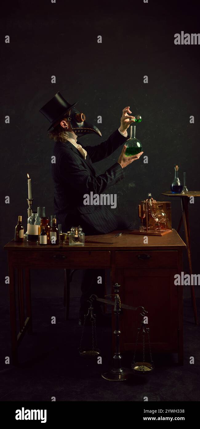 Plague doctor mixing his elements, experimenting and researching in ...